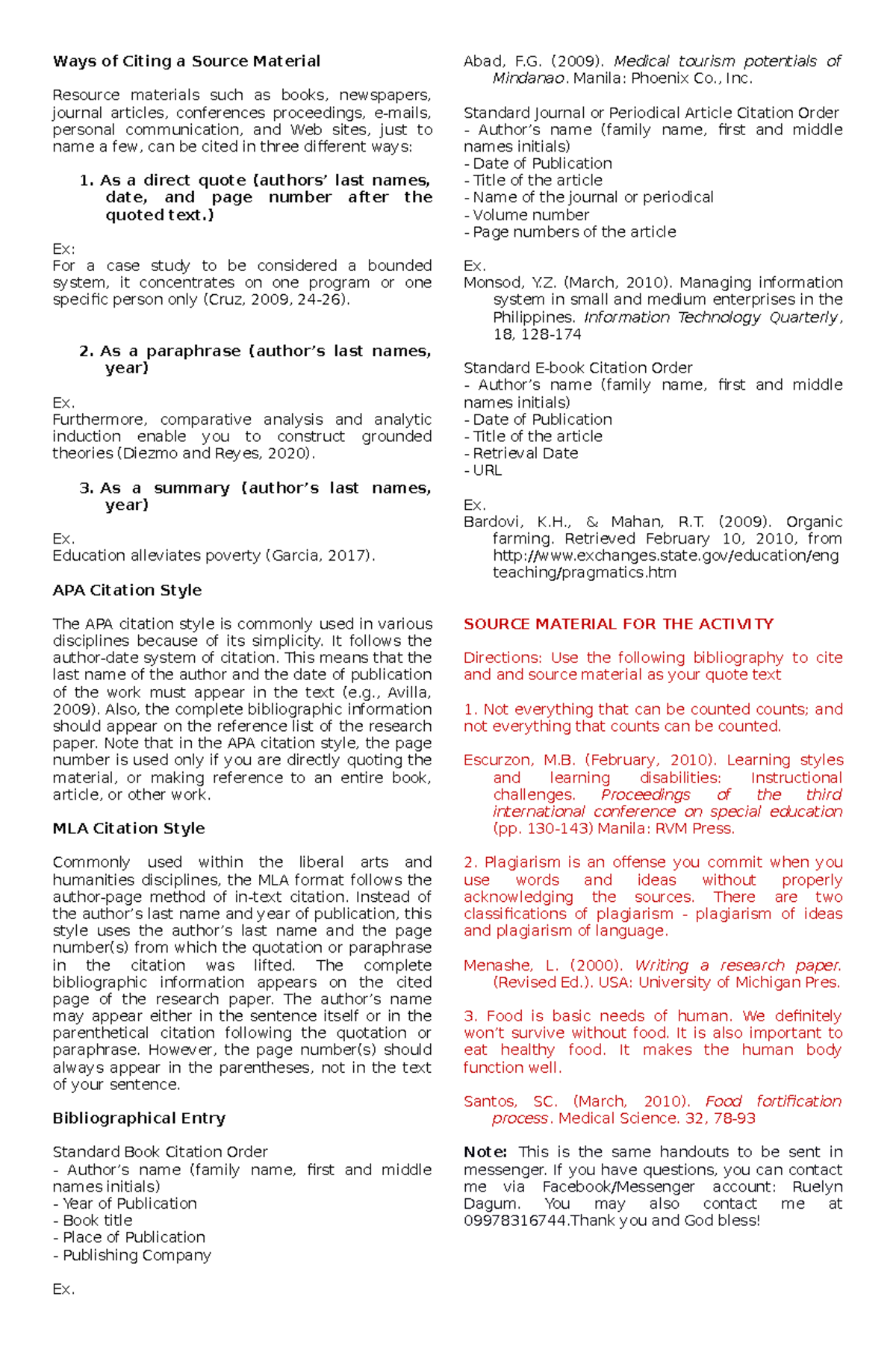 Ways of Citing a Source Material in Research - Ways of Citing a Source ...