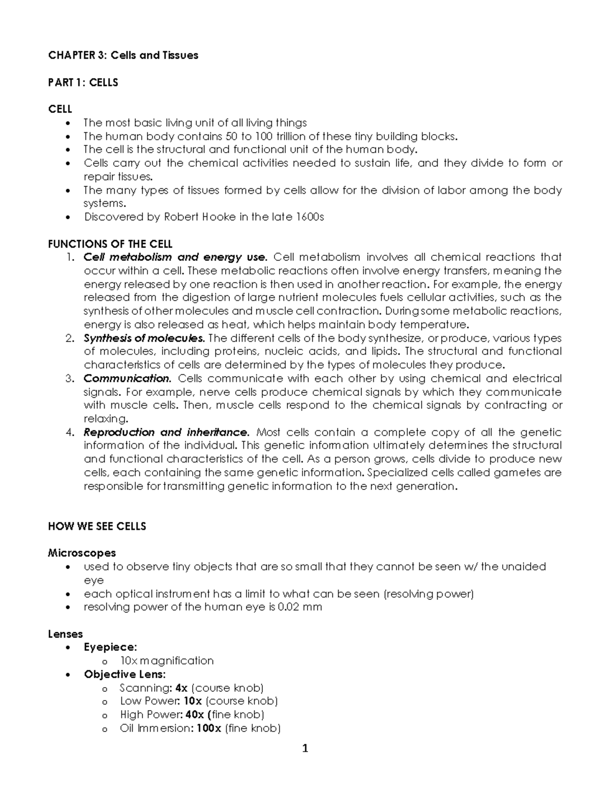 Chapter 3 - Anaphy - CHAPTER 3: Cells and Tissues PART 1: CELLS CELL ...