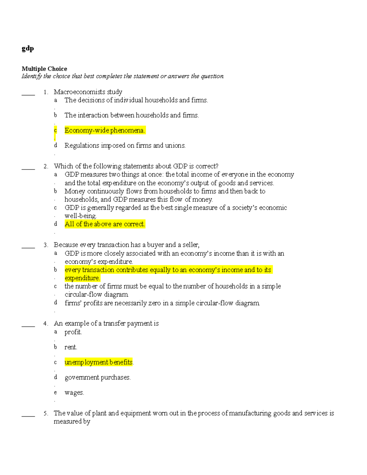 Seminar GDP - gdp Multiple Choice Identify the choice that best ...