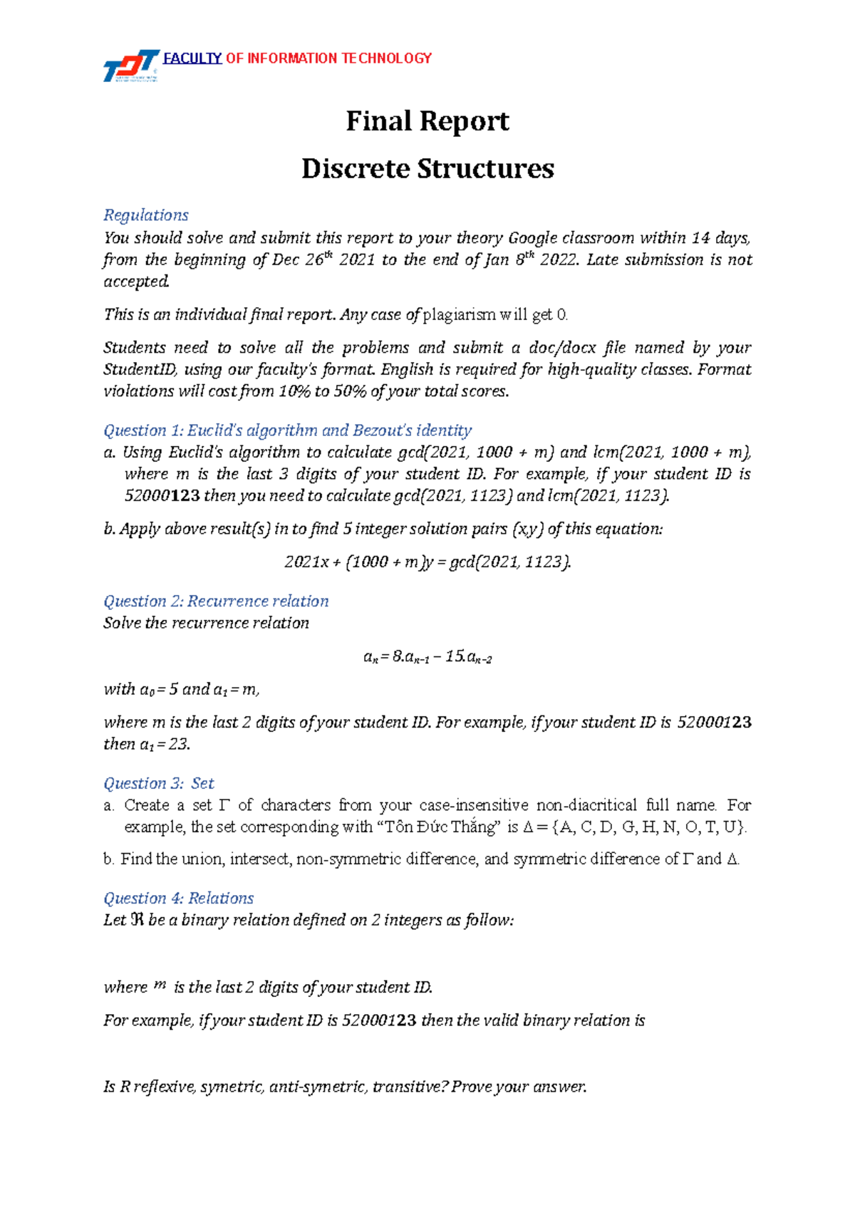 Final Report CTRR 2021 - Final Report Discrete Structures Regulations You should solve and ...