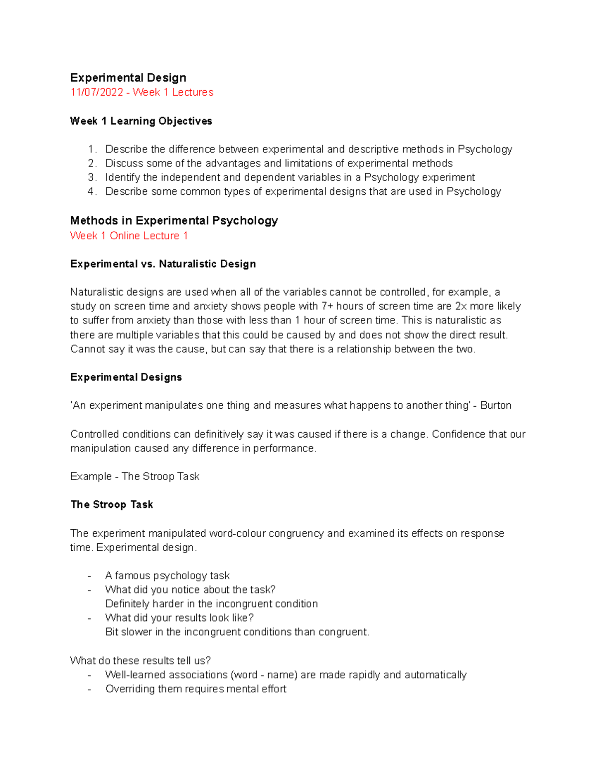 PSYC122 Notes - Experimental Design 11/07/2022 - Week 1 Lectures Week 1 ...