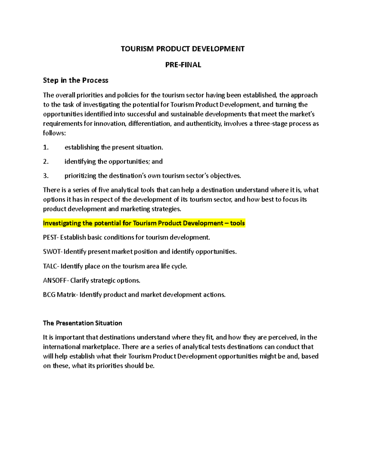 Tourism Product Dev PRE Final - TOURISM PRODUCT DEVELOPMENT PRE-FINAL ...