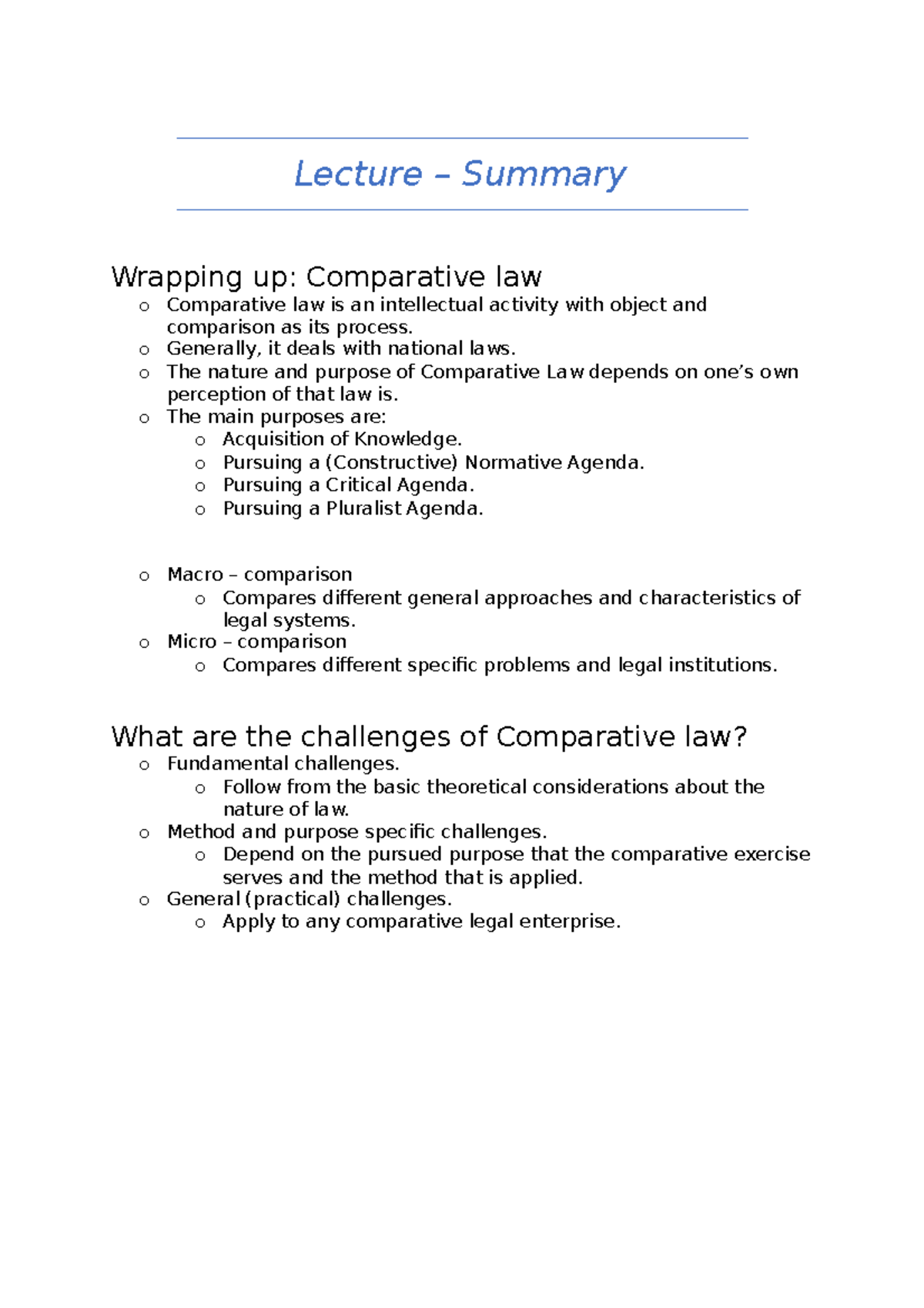 Lecture - summary - Lecture – Summary Wrapping up: Comparative law o ...