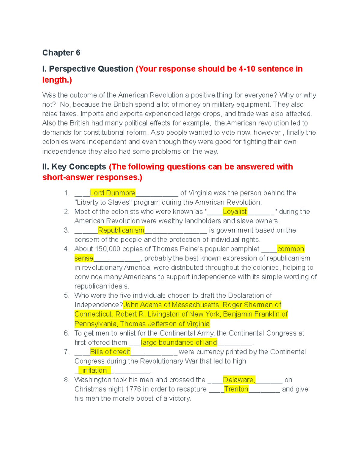 history review of test - Chapter 6 I. Perspective Question (Your ...