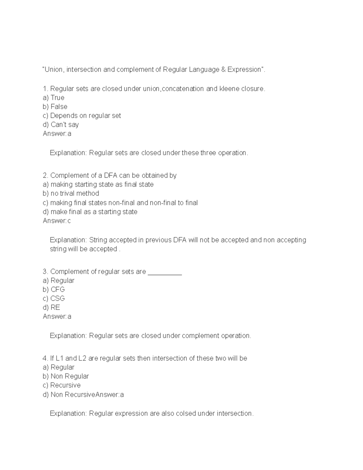 Theory of computation (16) - “Union, intersection and complement of Regular Language & - Studocu