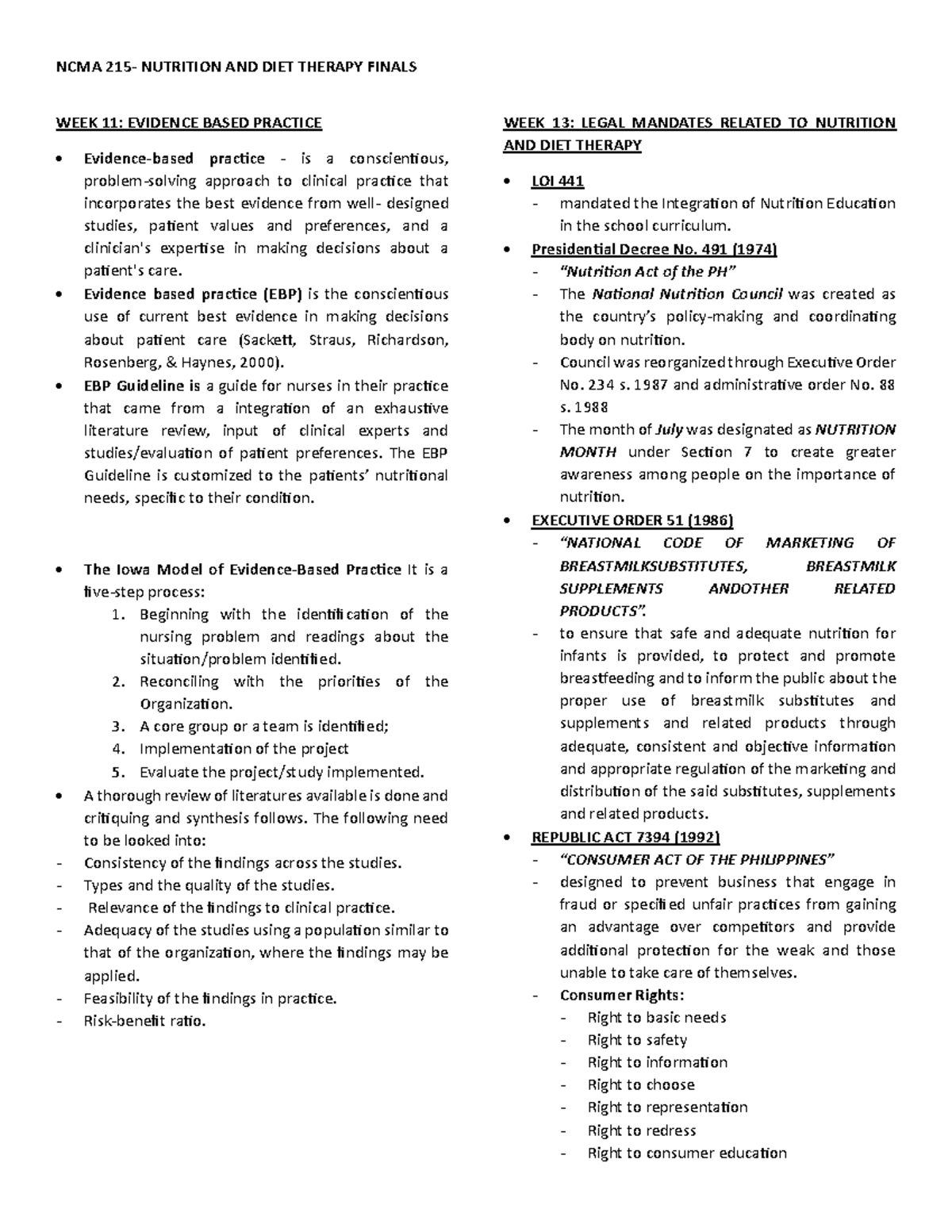 Ncma 215 finals transes - WEEK 11: EVIDENCE BASED PRACTICE Evidence-based practice - is a - Studocu