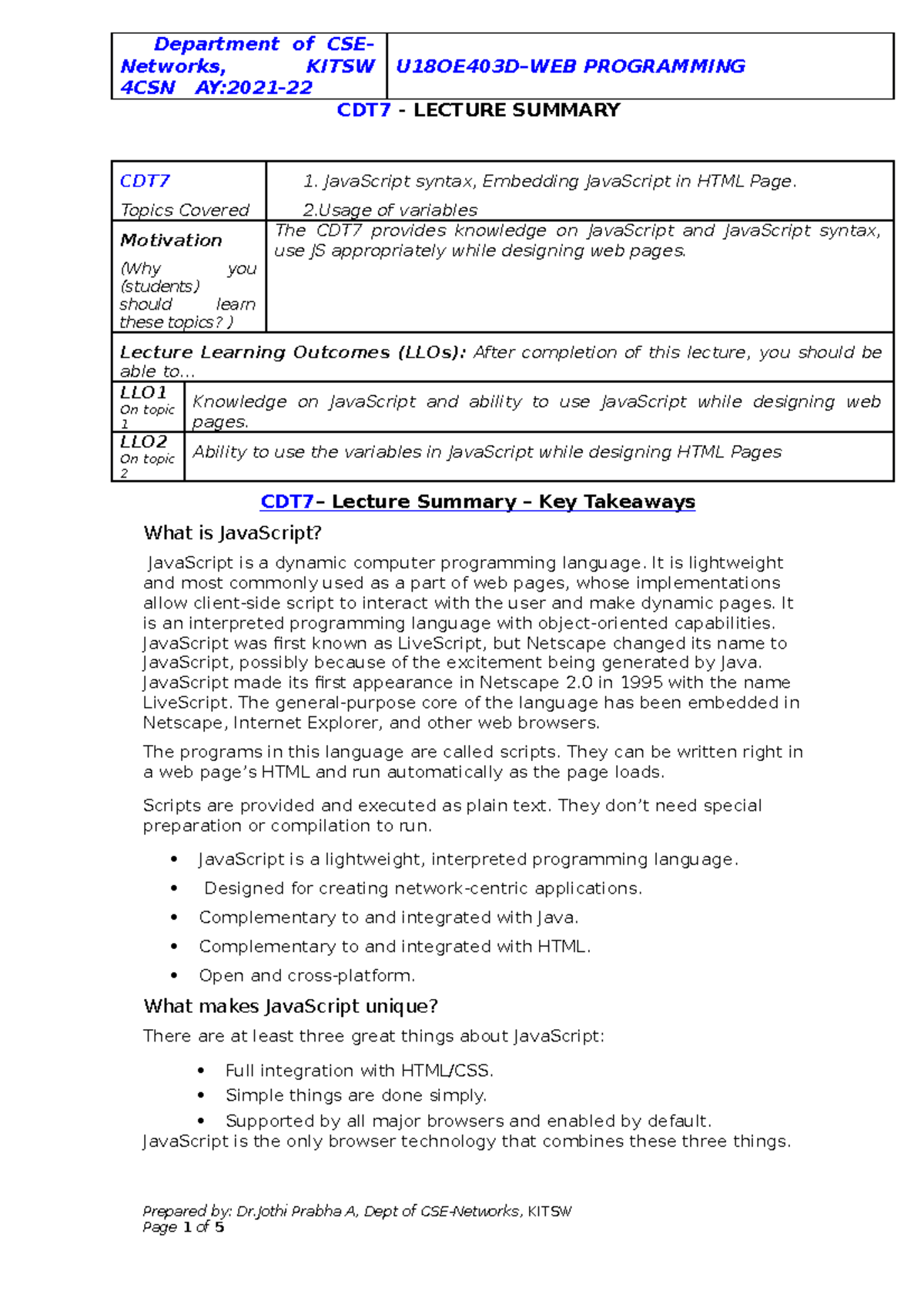 WP CDT7 Summary - JavaScript syntax, Embedding JavaScript in HTML Page ... WP CDT7 Summary - JavaScript syntax, Embedding JavaScript in HTML Page ...