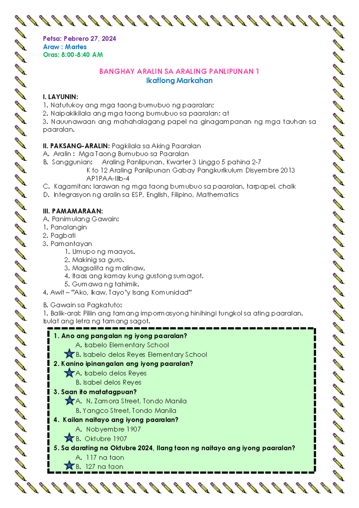 AP Lesson Plan Mga Taong Bumubuo sa Paaralan - Petsa: Pebrero 27, 202 4 ...