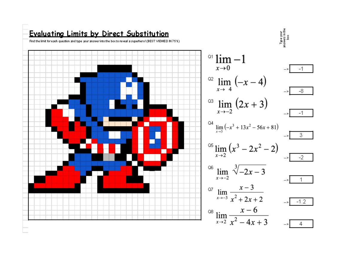 Copy of Evaluating Limits by Substitution Pixel Art - Worksheet ...