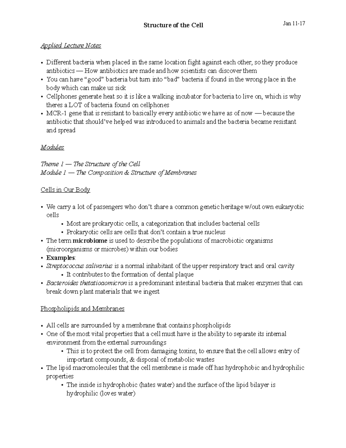 Structure of the Cell (Theme 1 Modules 1&2) - Structure of the Cell Jan ...