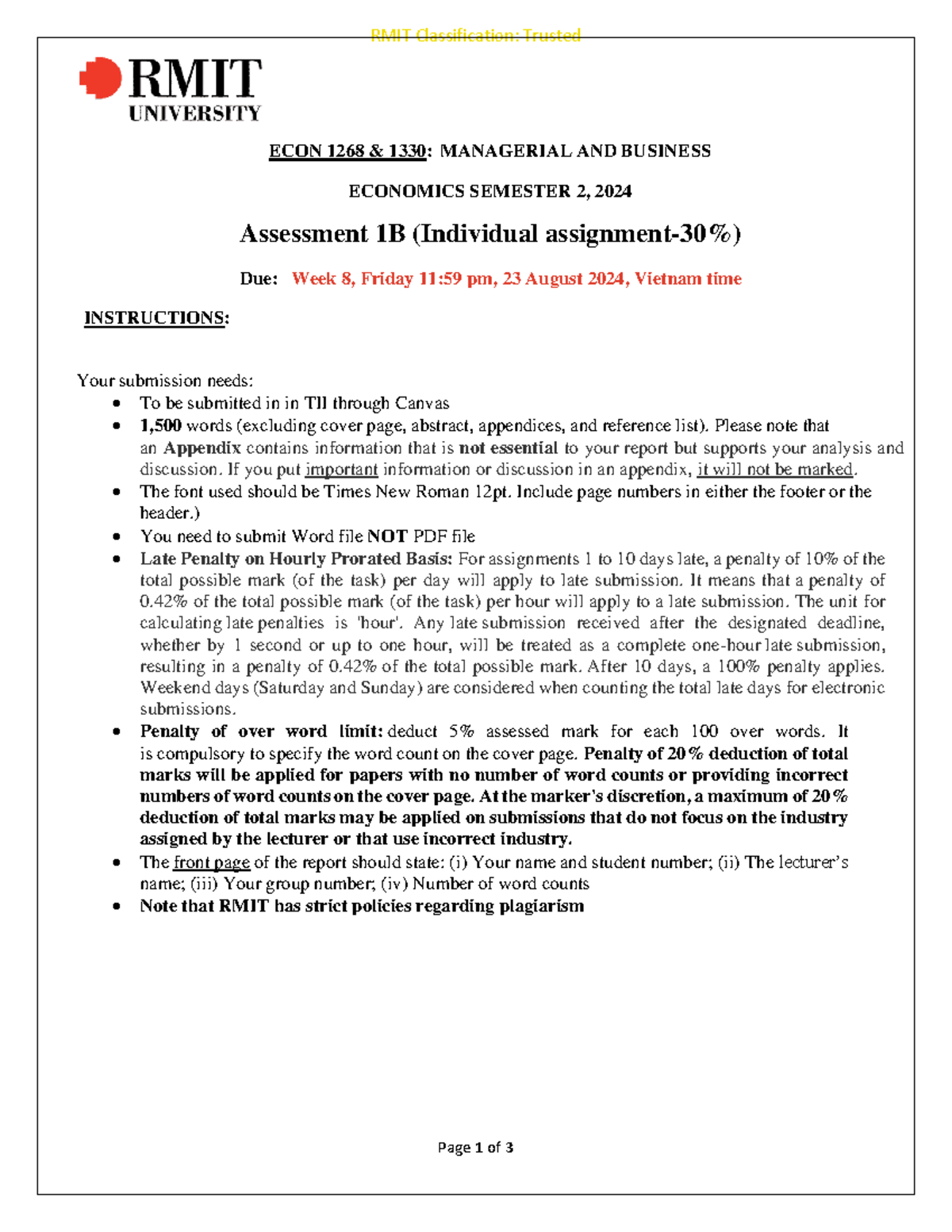 Assessment 1B S2 2024 final - Page 1 of 3 RMIT Classification: Trusted ...