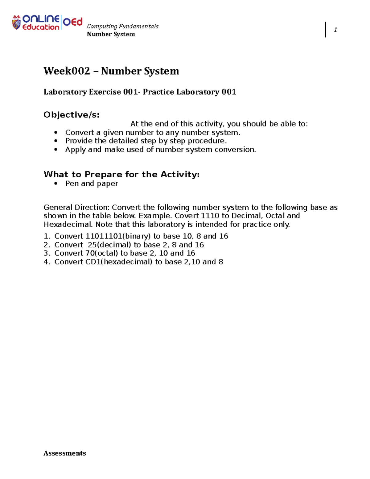 Week002 Lab Ex LABORATORY Computing Fundamentals Number System 1