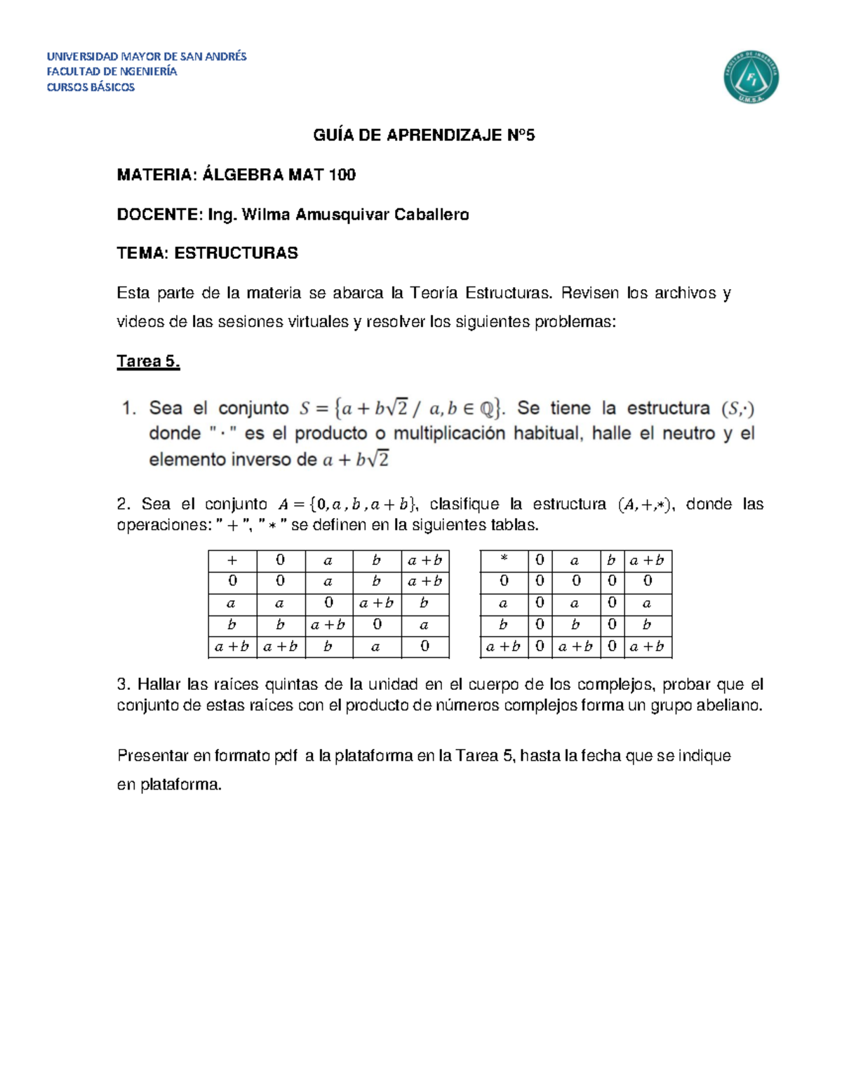GUÍA MAT 100 No 5 - Guía mat 100 - UNIVERSIDAD MAYOR DE SAN ANDRÉS ...