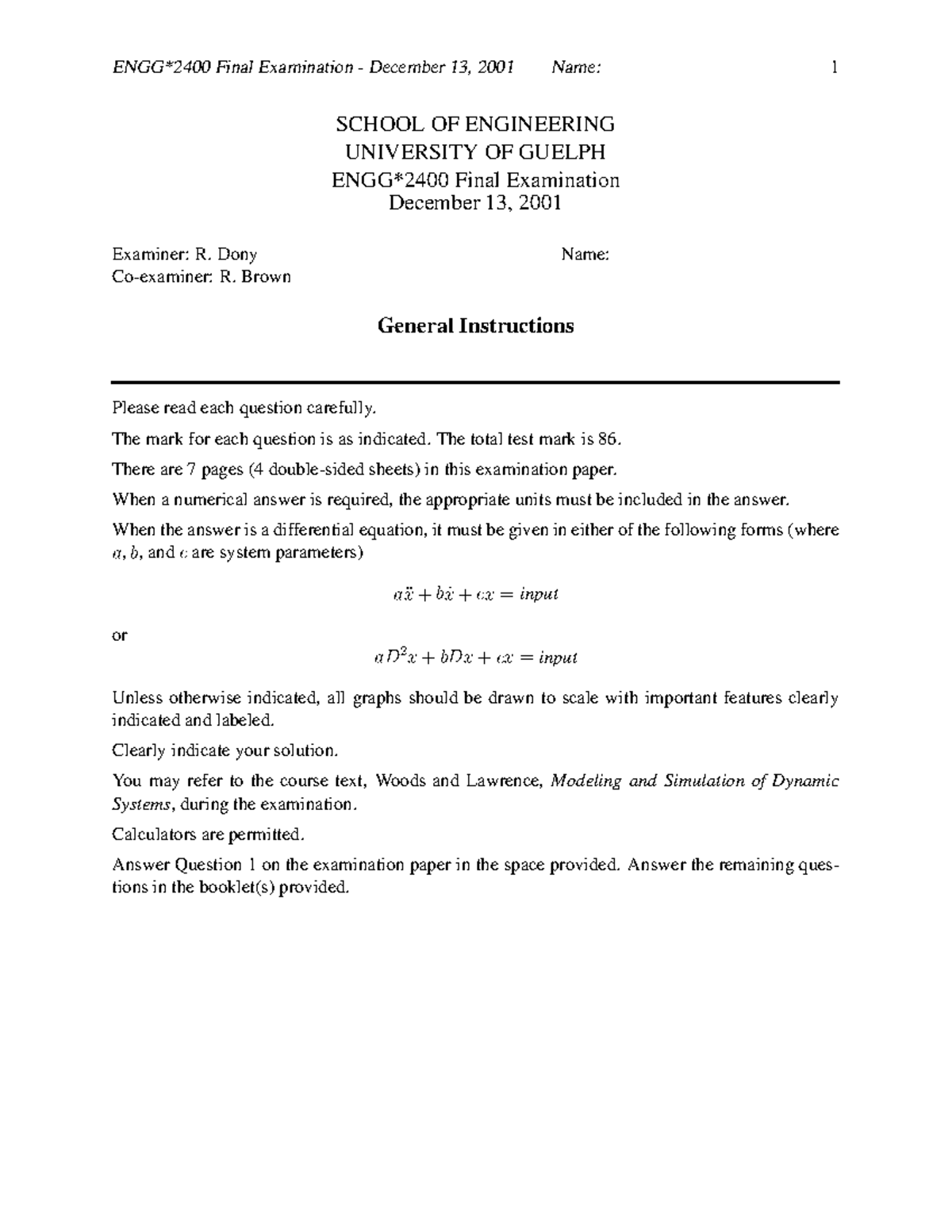 Final 2014, questions - SCHOOL OF ENGINEERING UNIVERSITY OF GUELPH ENGG ...