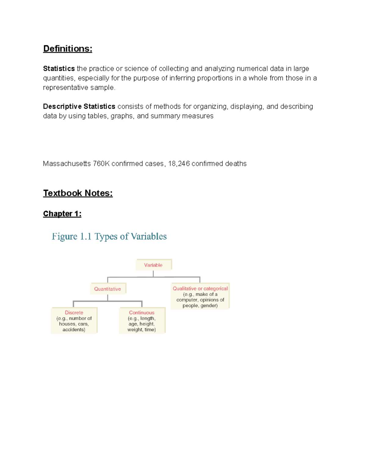 Intro to statistics Notes - Definitions: Statistics the practice or ...