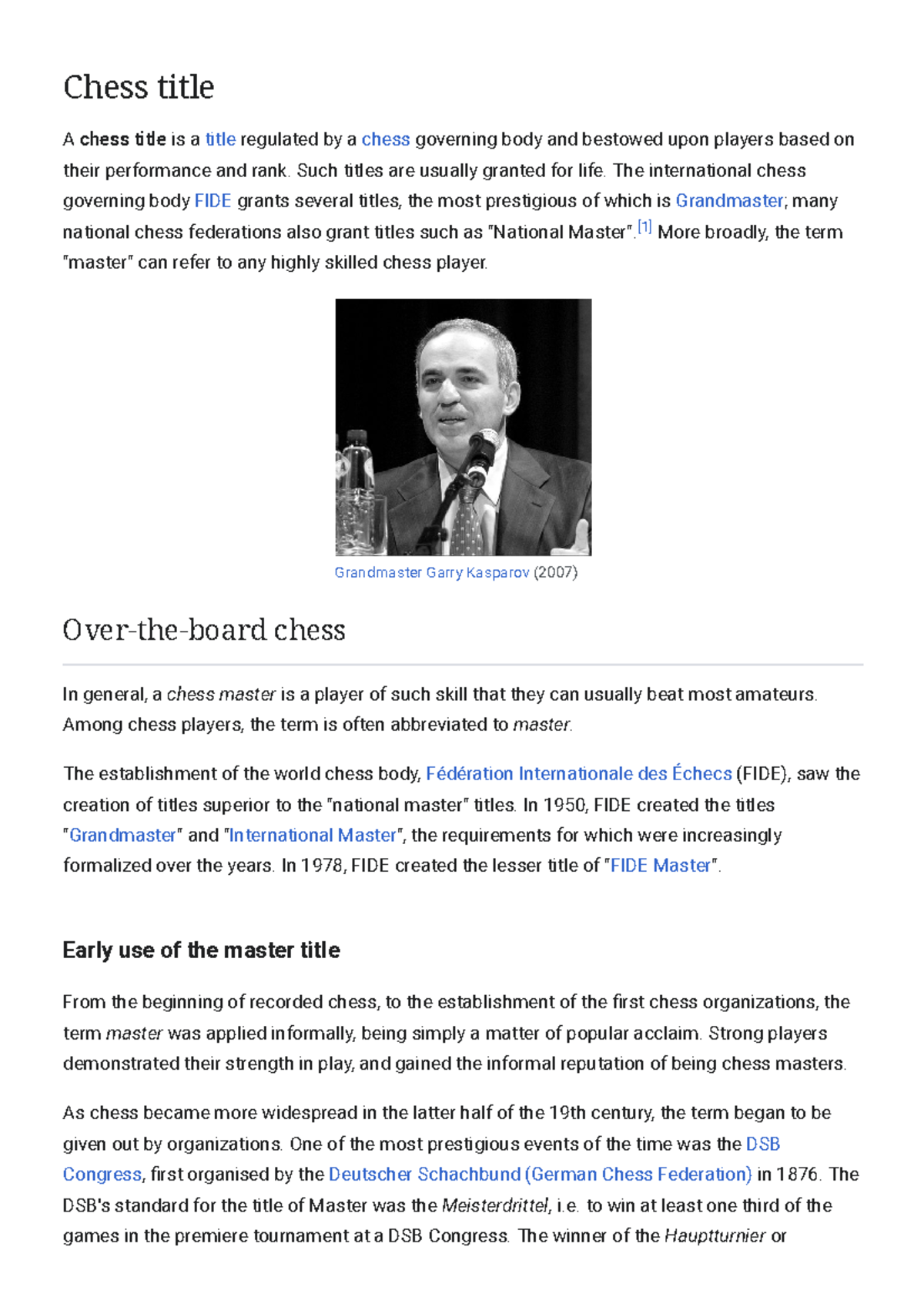 Chess titles- Wiki - Chess title A chess title is a title regulated by ...