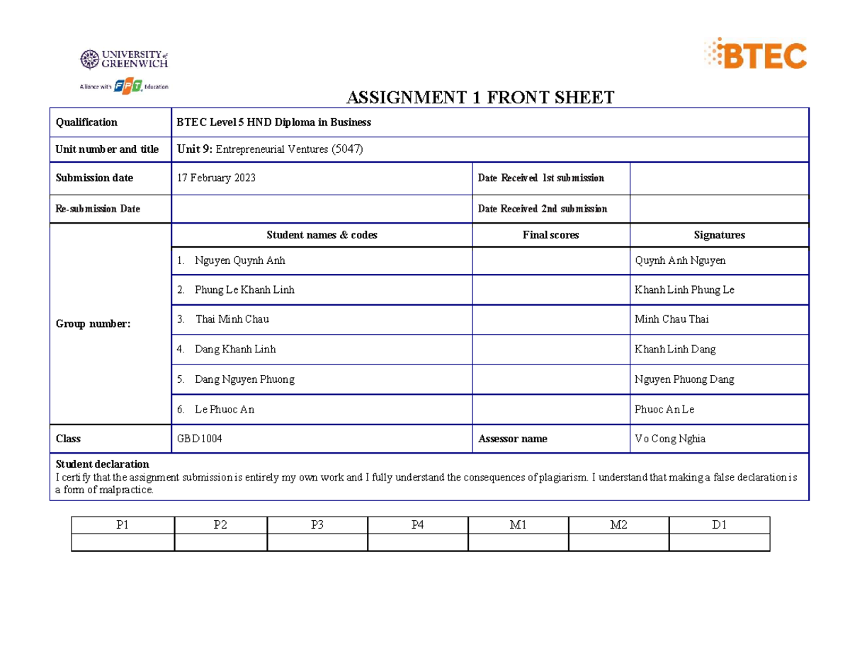 5047 -Assignment-1-Report -GBD1004 -Group-4 - ASSIGNMENT 1 FRONT SHEET Qualification BTEC Level ...