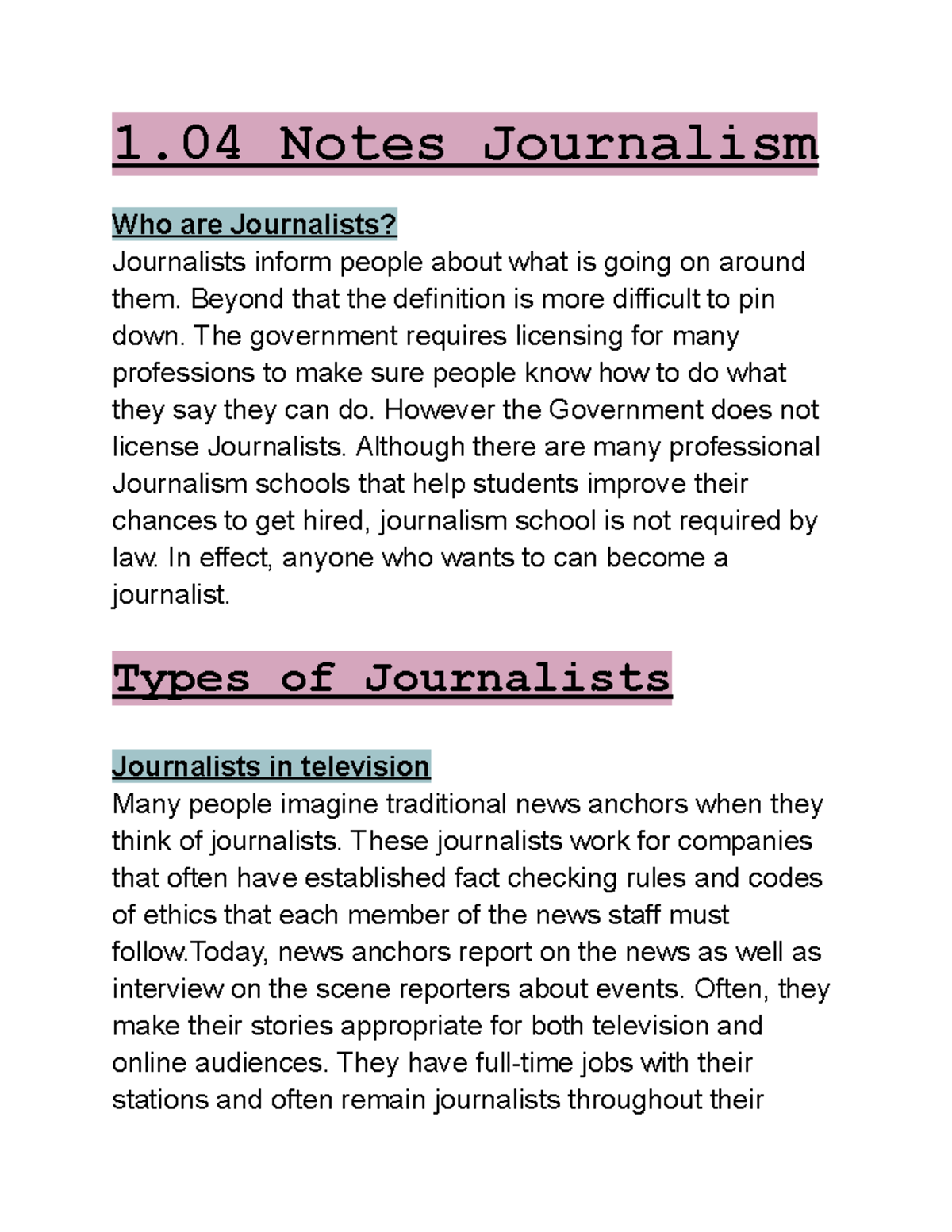 Flvs 1.04 notes journalism - 1 Notes Journalism Who are Journalists ...