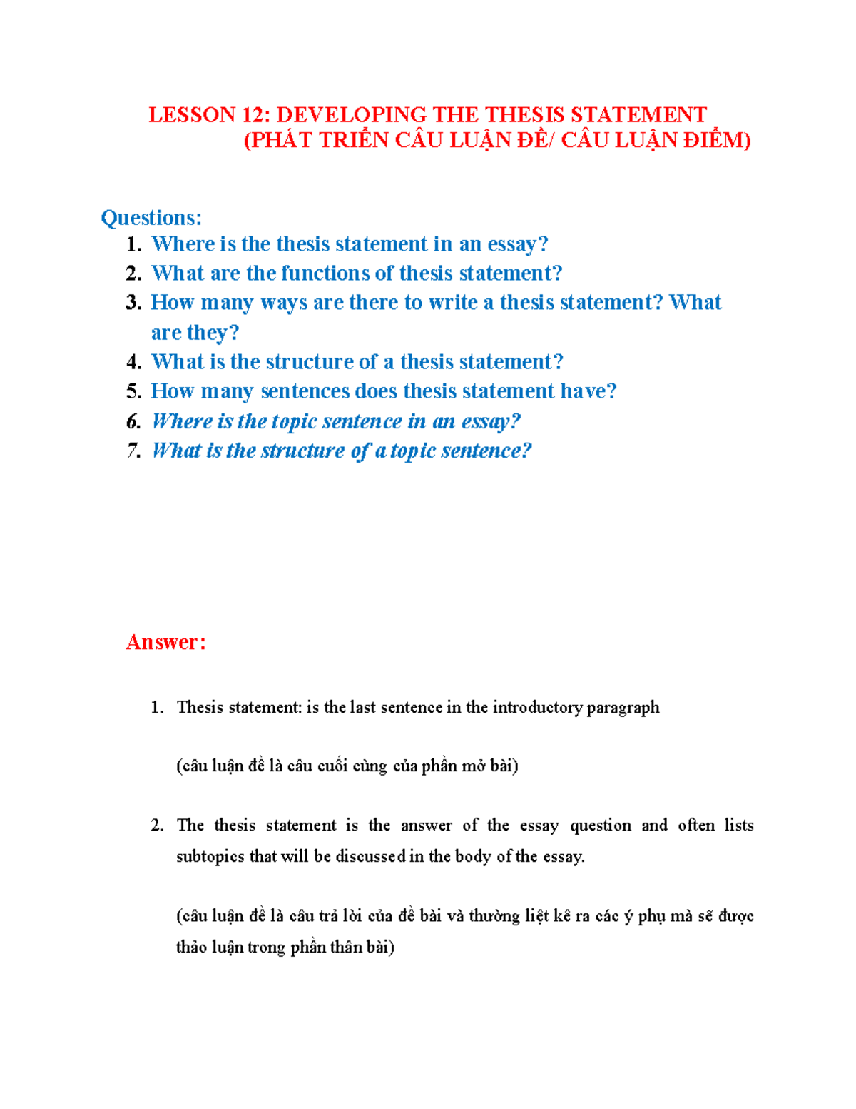 Writing LV2- Lesson 12 - Theory - LESSON 12: DEVELOPING THE THESIS ...