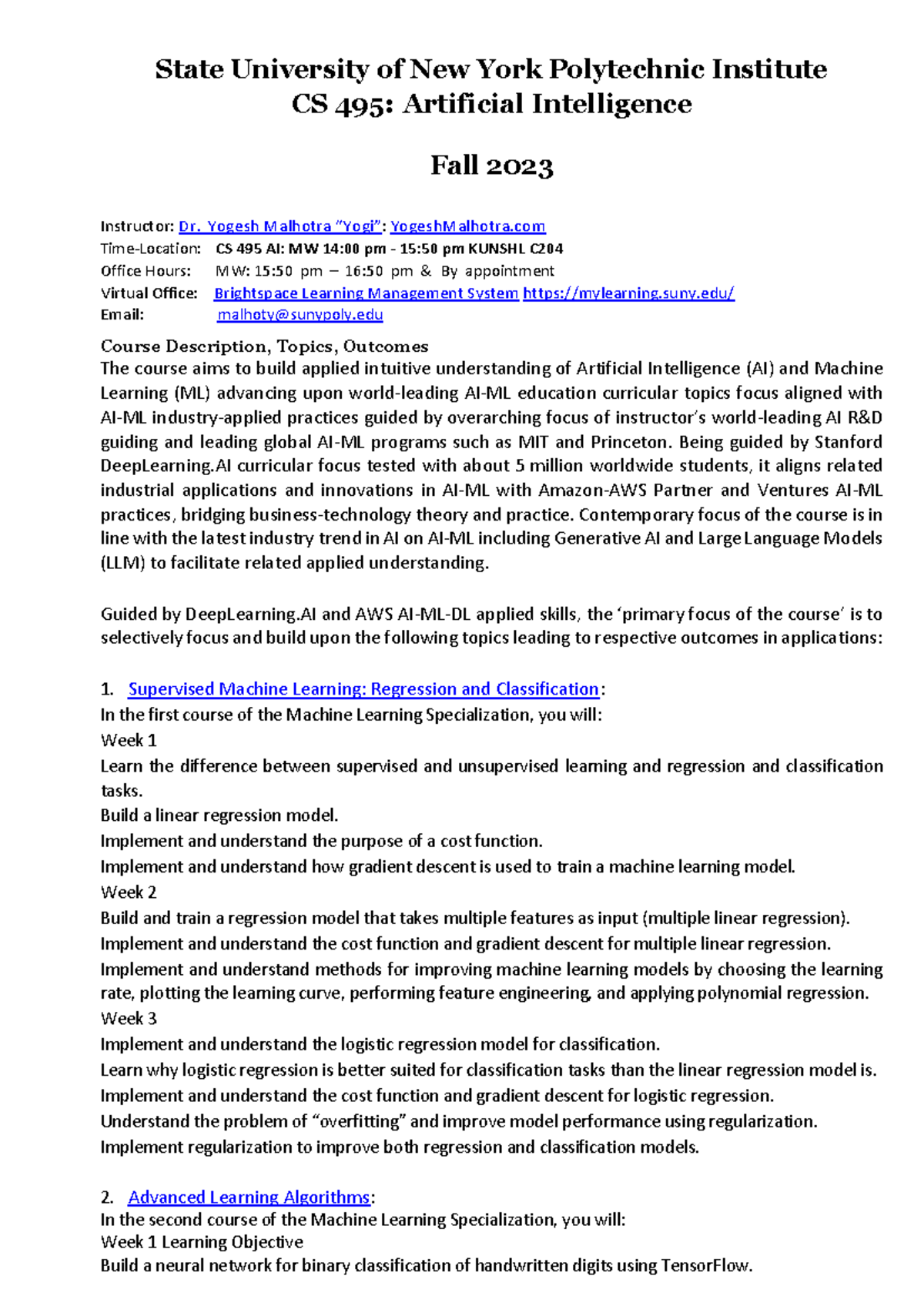 Fall23 CS495 Artificial Intelligence Syllabus - State University of New York Polytechnic ...