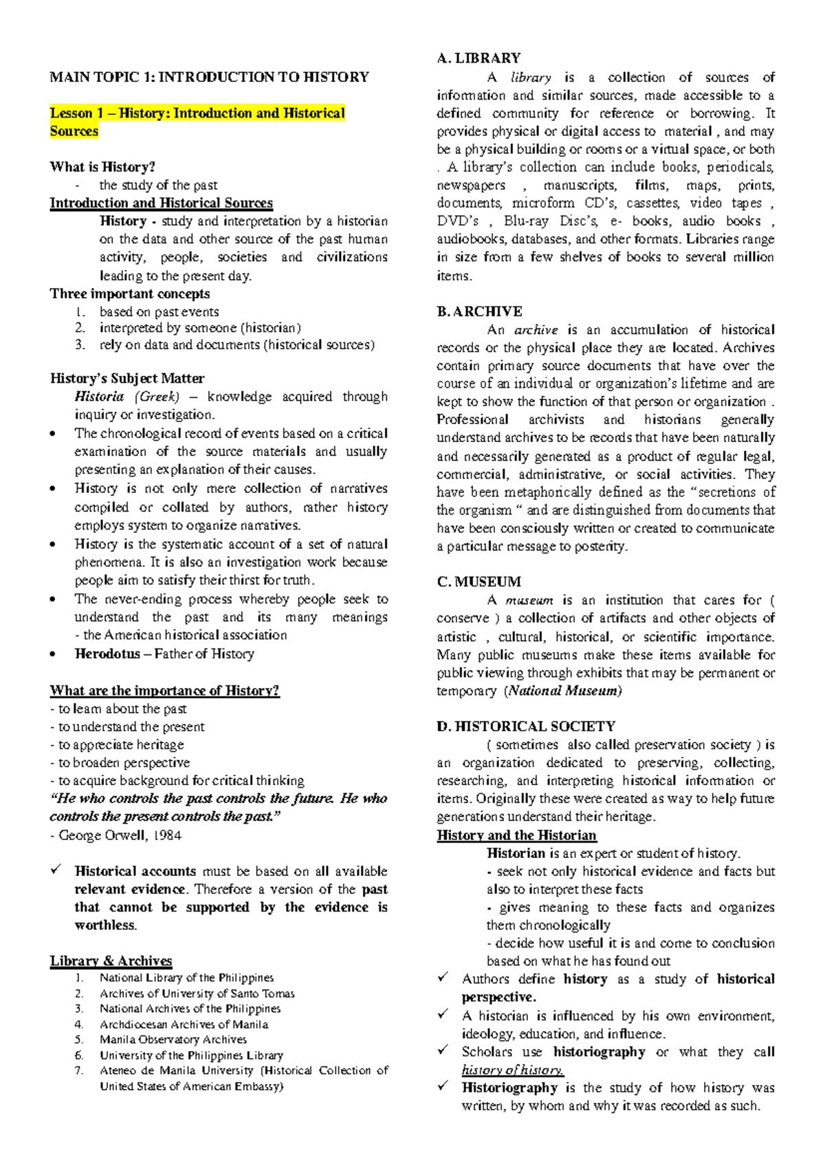 RPH chapter test reviewer 1 - MAIN TOPIC 1: INTRODUCTION TO HISTORY ...