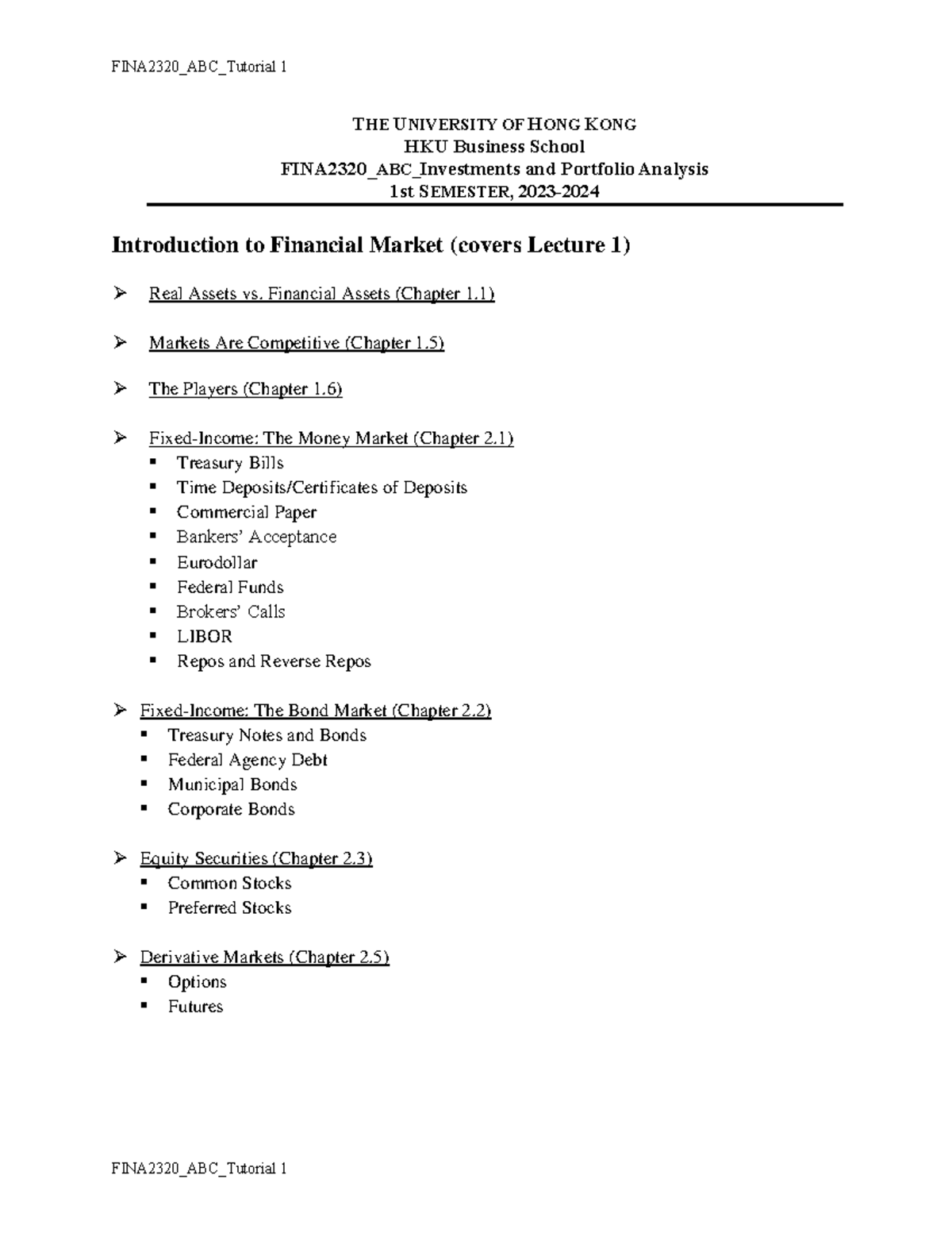 FINA2320 ABC 2023 Tutorial 1 - THE UNIVERSITY OF HONG KONG HKU Business ...