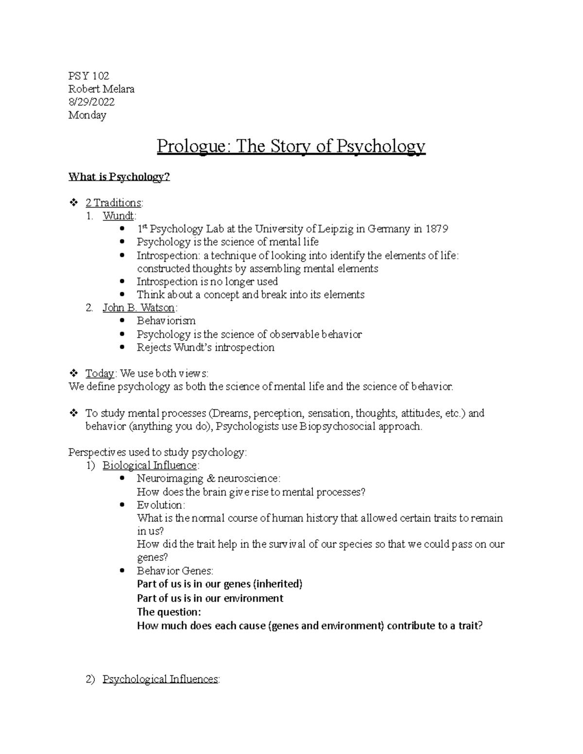 PSY 102 - Prologue - lecture 1 - PSY 102 Robert Melara 8/29/ Monday Prologue: The Story of - Studocu