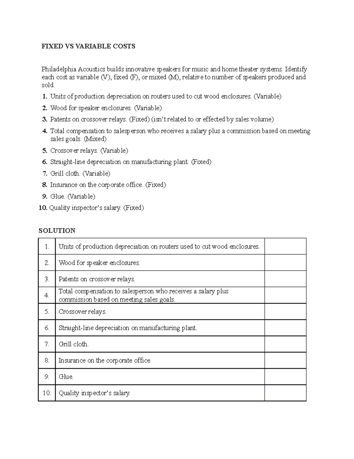 Fixed Vs Variable Cost Example from class - FIXED VS VARIABLE COSTS ...