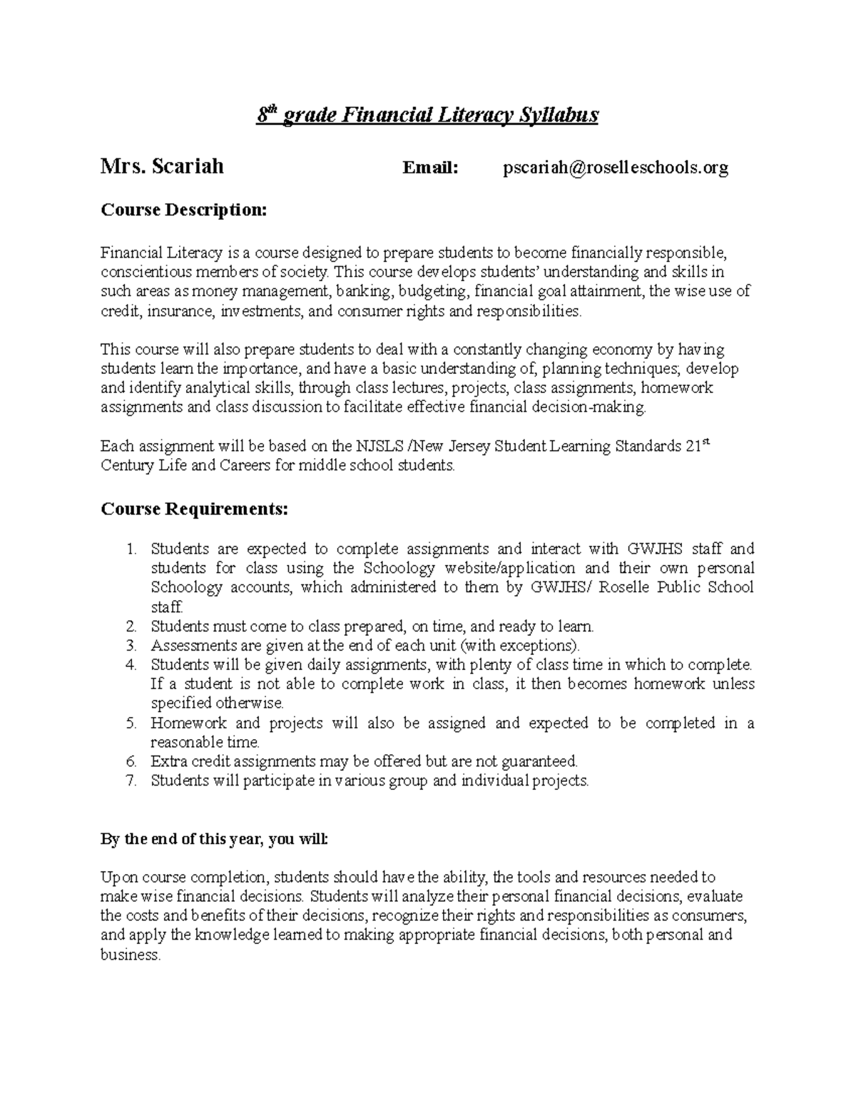 etwfasrft4ewaaeraqwer - 8 th grade Financial Literacy Syllabus Mrs ...