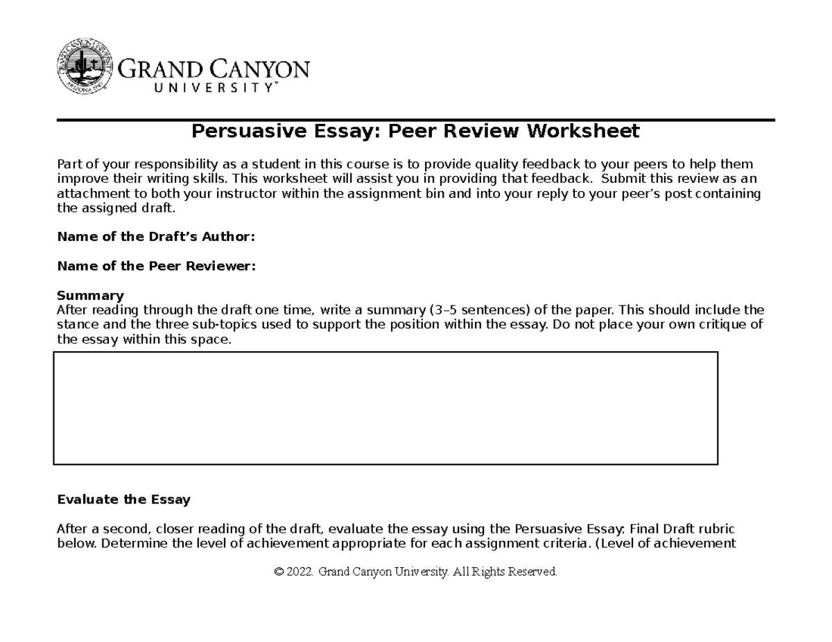 T-6 Peer Review Worksheet PHI105 - Persuasive Essay: Peer Review ...