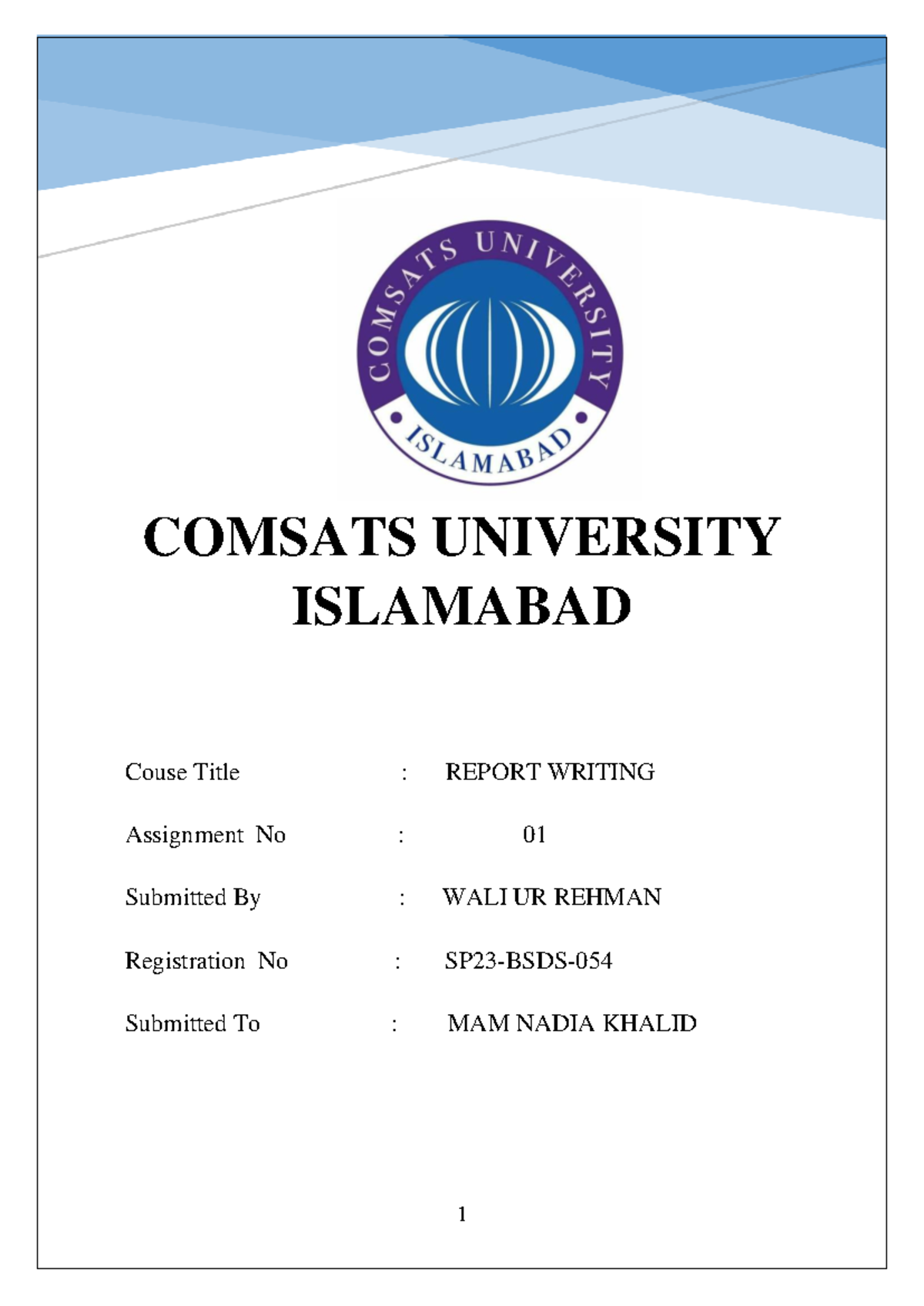 Report Writing Assignment - 1 COMSATS UNIVERSITY ISLAMABAD Couse Title ...