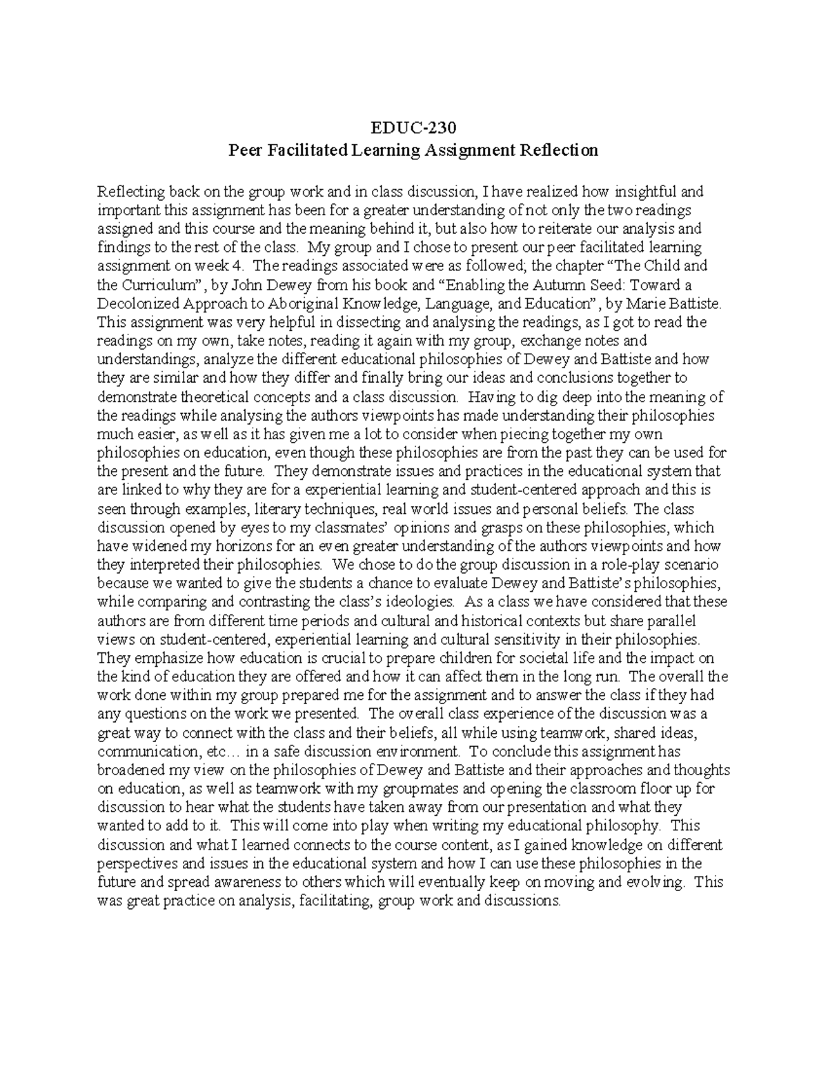 Reflection - EDUC- Peer Facilitated Learning Assignment Reflection Reflecting back on the group ...