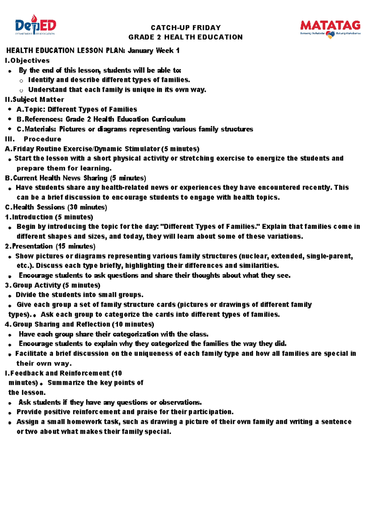 Grade 2 Health - Catch-up Friday Lesson Plan - GRADE 2 HEALTH EDUCATION ...