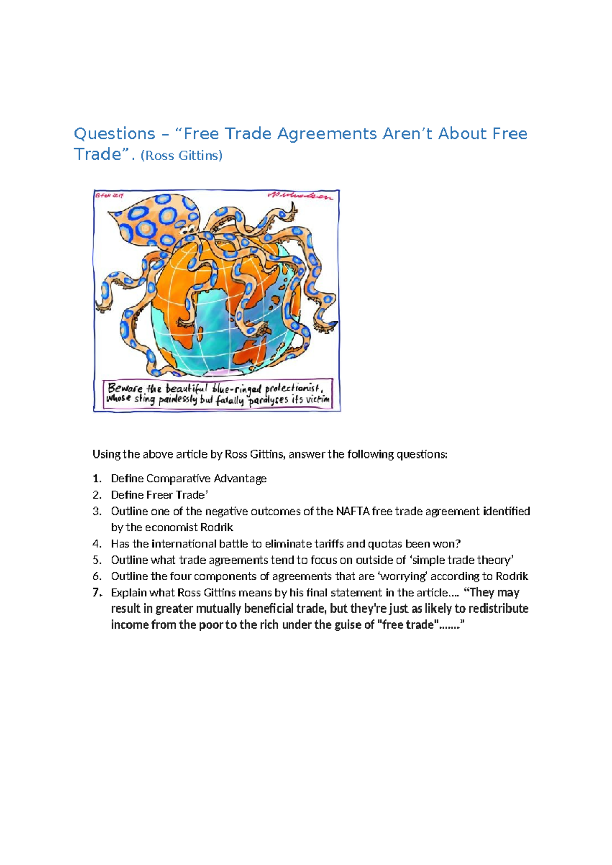 Ross Gittins Article 'Free Trade Agreements'- Questions - Questions ...