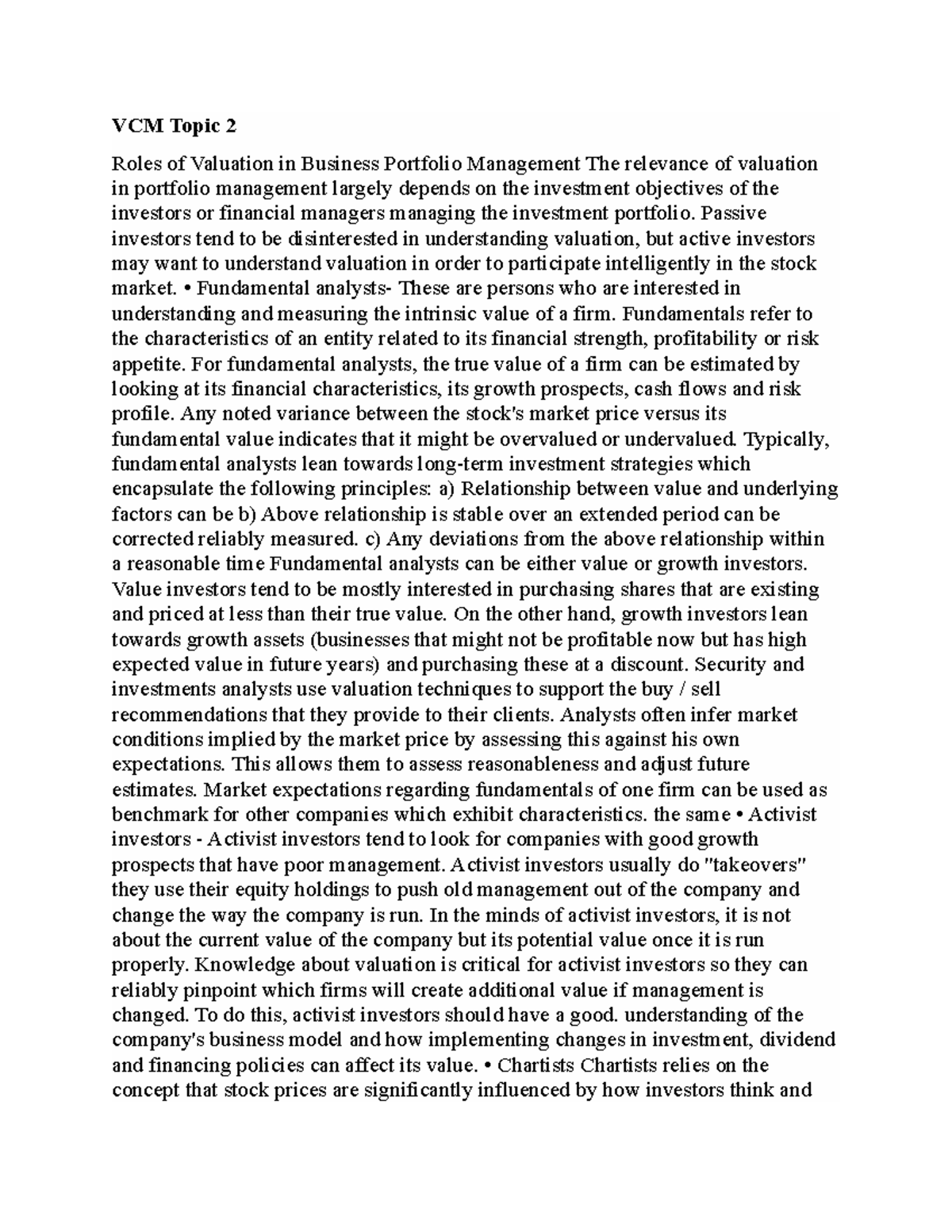 VCM Topic 2 - VCM Topic 2 Roles of Valuation in Business Portfolio ...