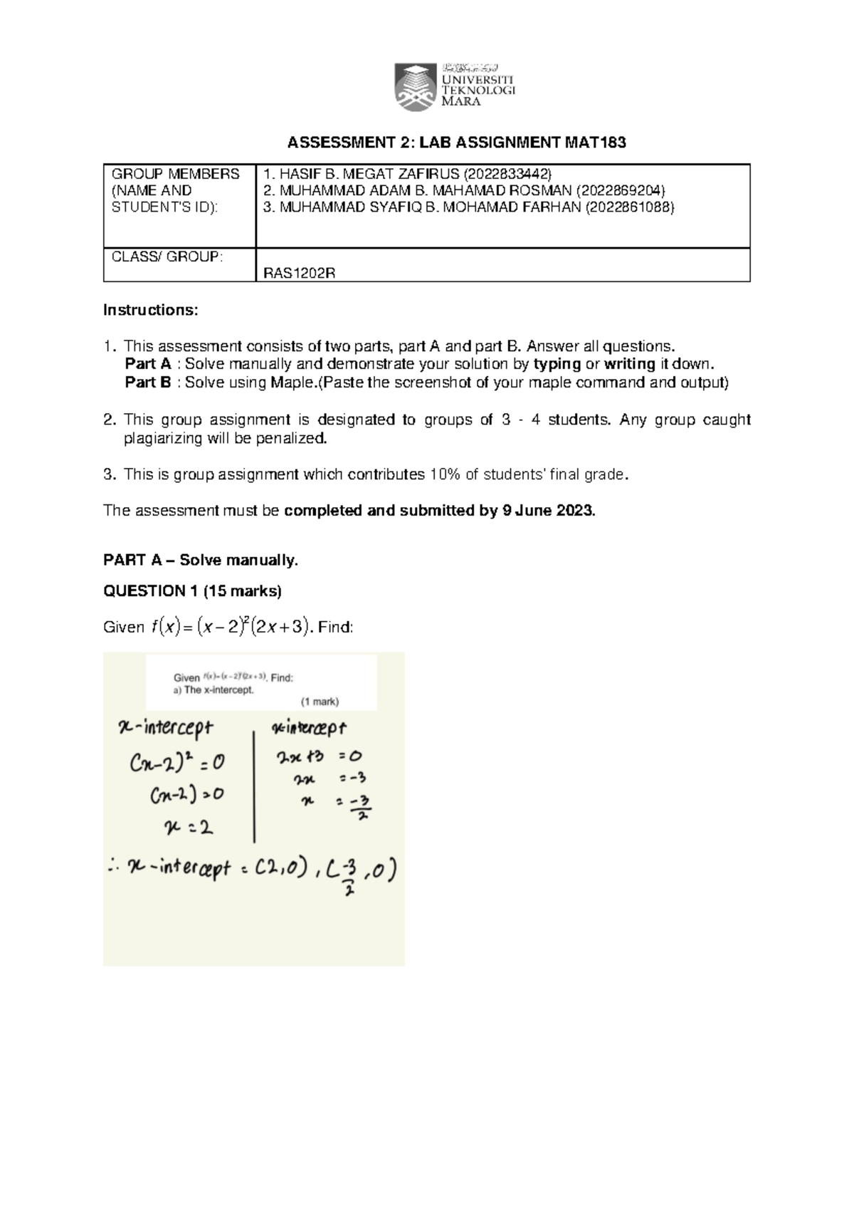 RAS1202R Calculus - ASSESSMENT 2: LAB ASSIGNMENT MAT GROUP MEMBERS (NAME AND STUDENT’S ID ...