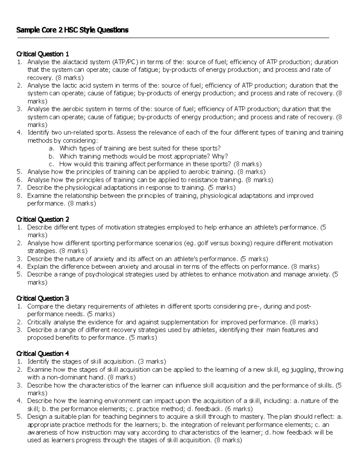 Sample Core 2 HSC Questions - Sample Core 2 HSC Style Questions ...