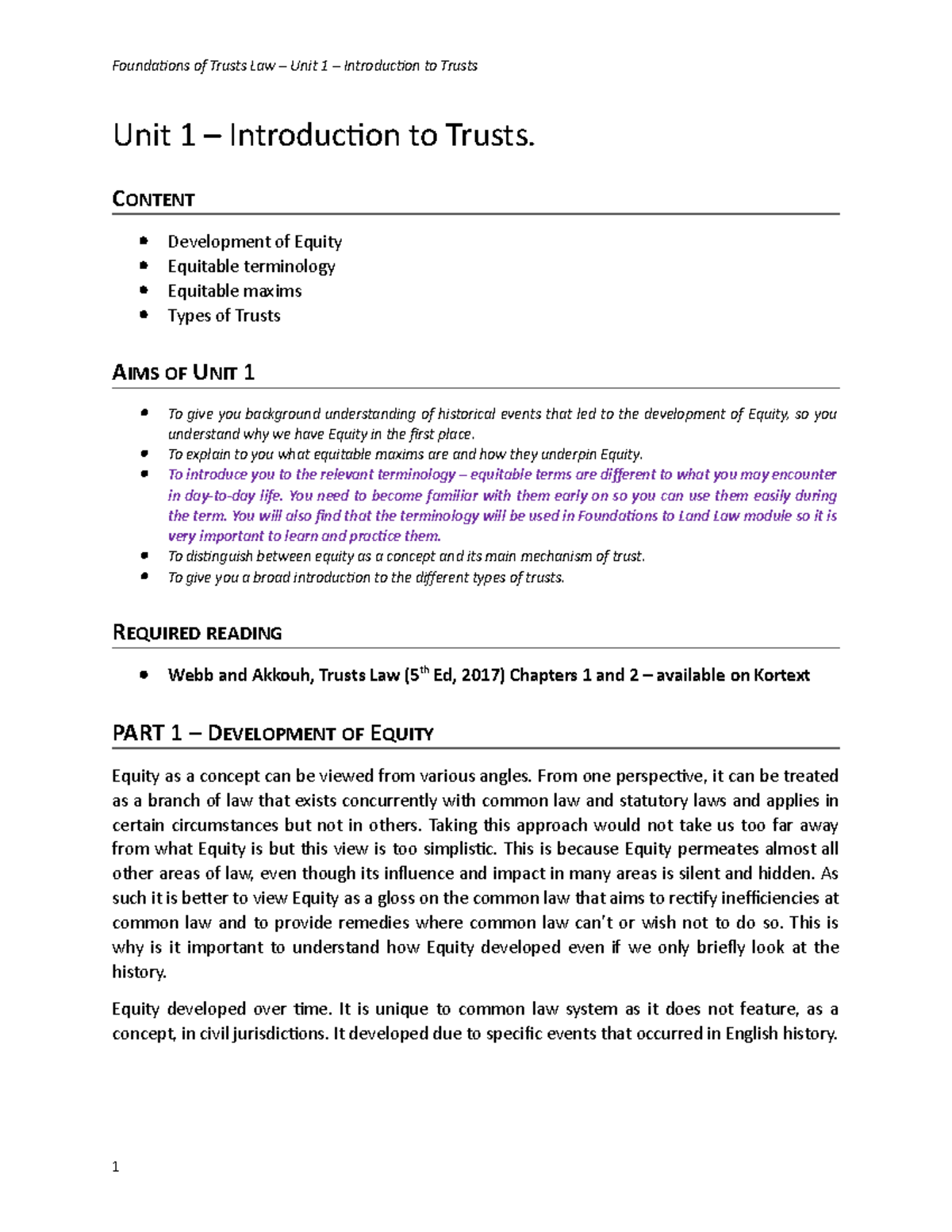 UNI 1, LEC 1 Handout - Unit 1 – Introduction to Trusts. CONTENT ...