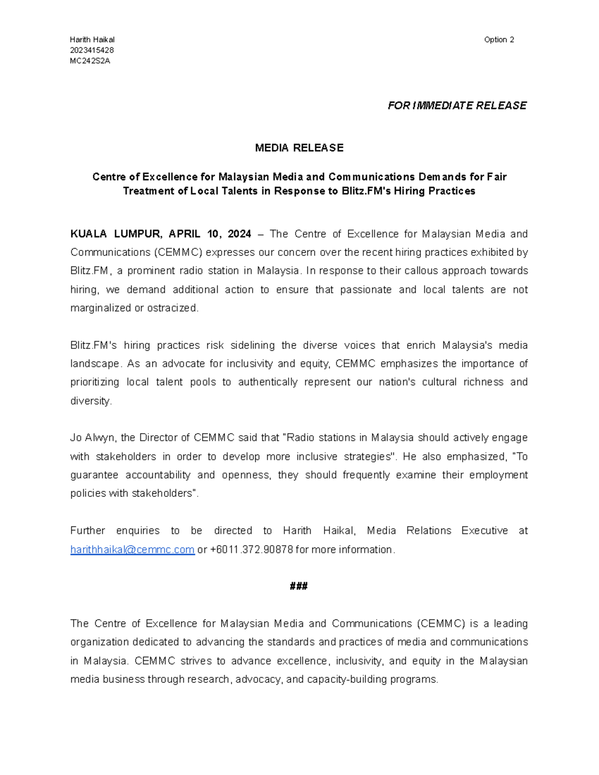 Media Release Draft 2023415428 - Harith Haikal Option 2 2023415428 ...