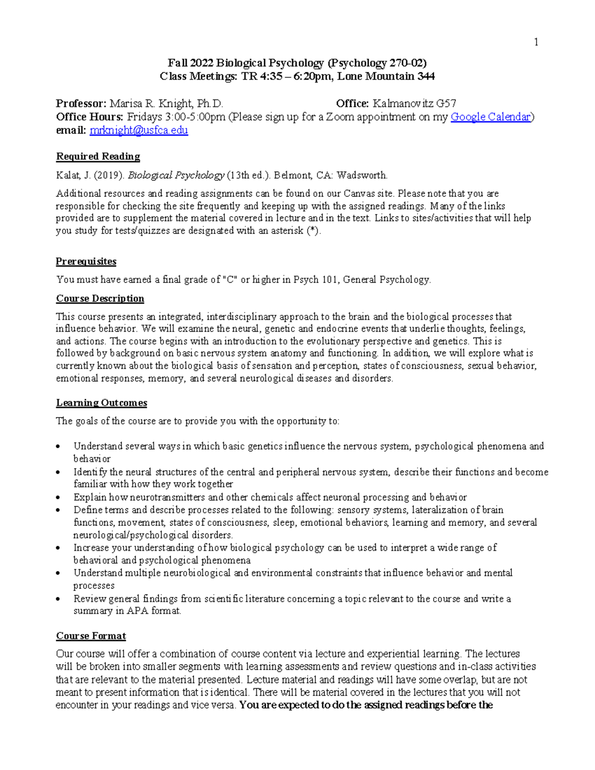 Syl F22Knight PSYC 270 02 - Fall 2022 Biological Psychology (Psychology ...