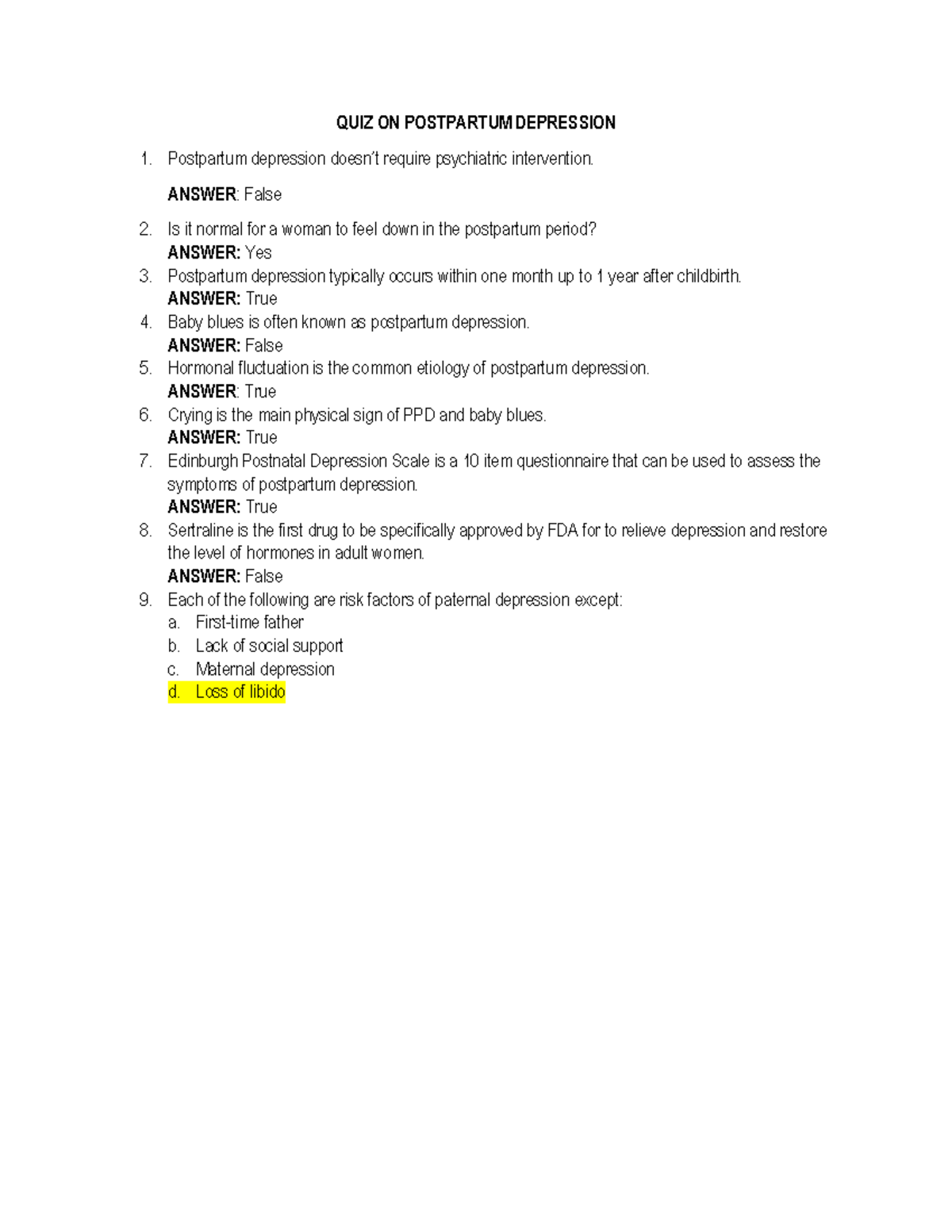 A set of quizzes about the case of postpartum depression - QUIZ ON ...