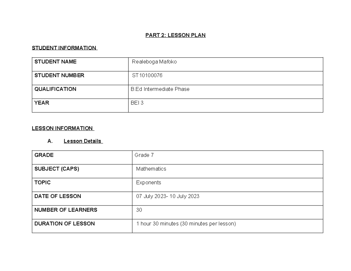 POE- PART 2 Lesson PLAN - PART 2: LESSON PLAN STUDENT INFORMATION ...
