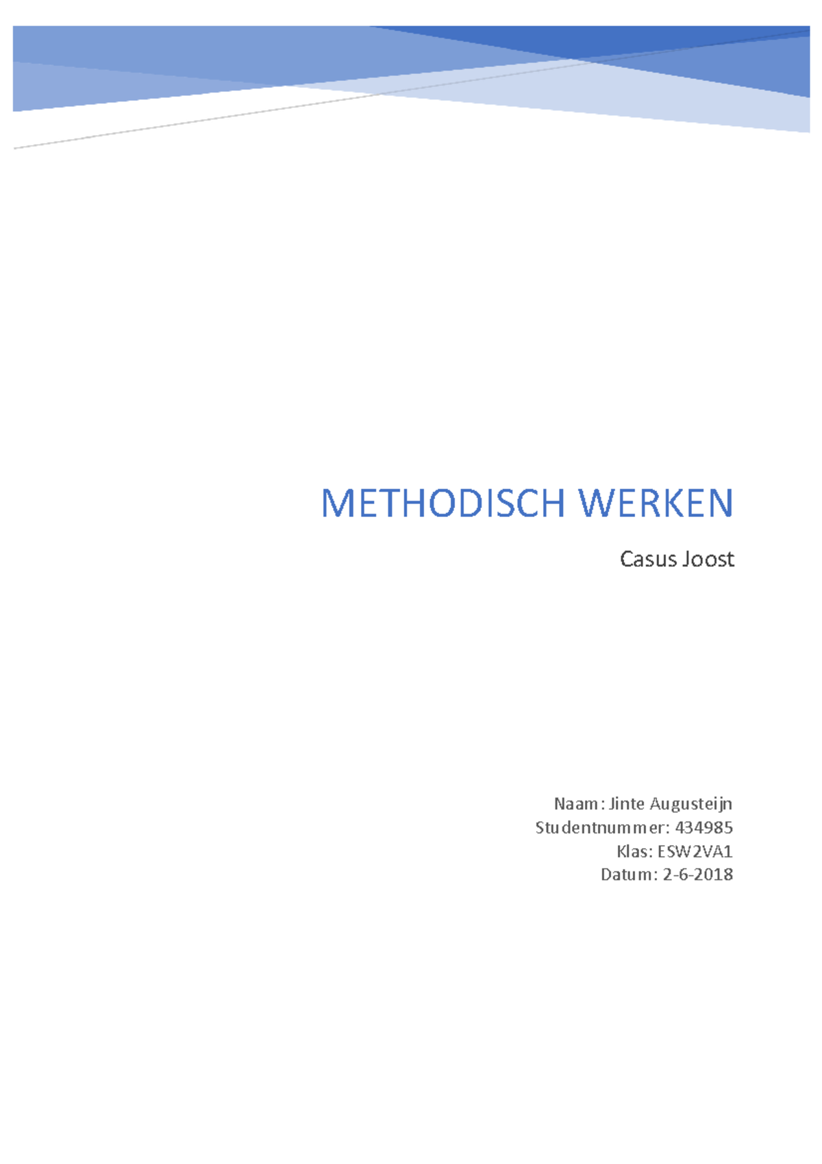 Methodisch werken verslag - Me METHODISCH WERKEN Casus Joost Naam ...