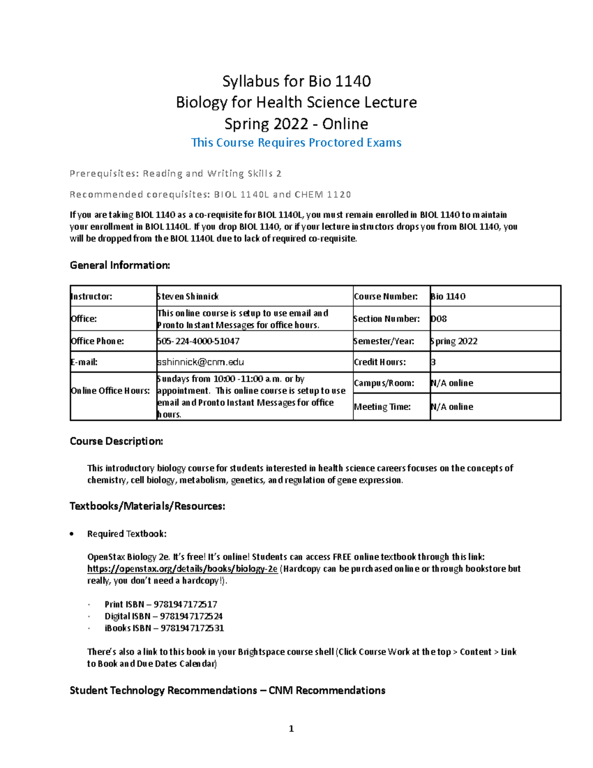 Syllabus For Spring 2022 Full Term Syllabus For Bio 1140 Biology