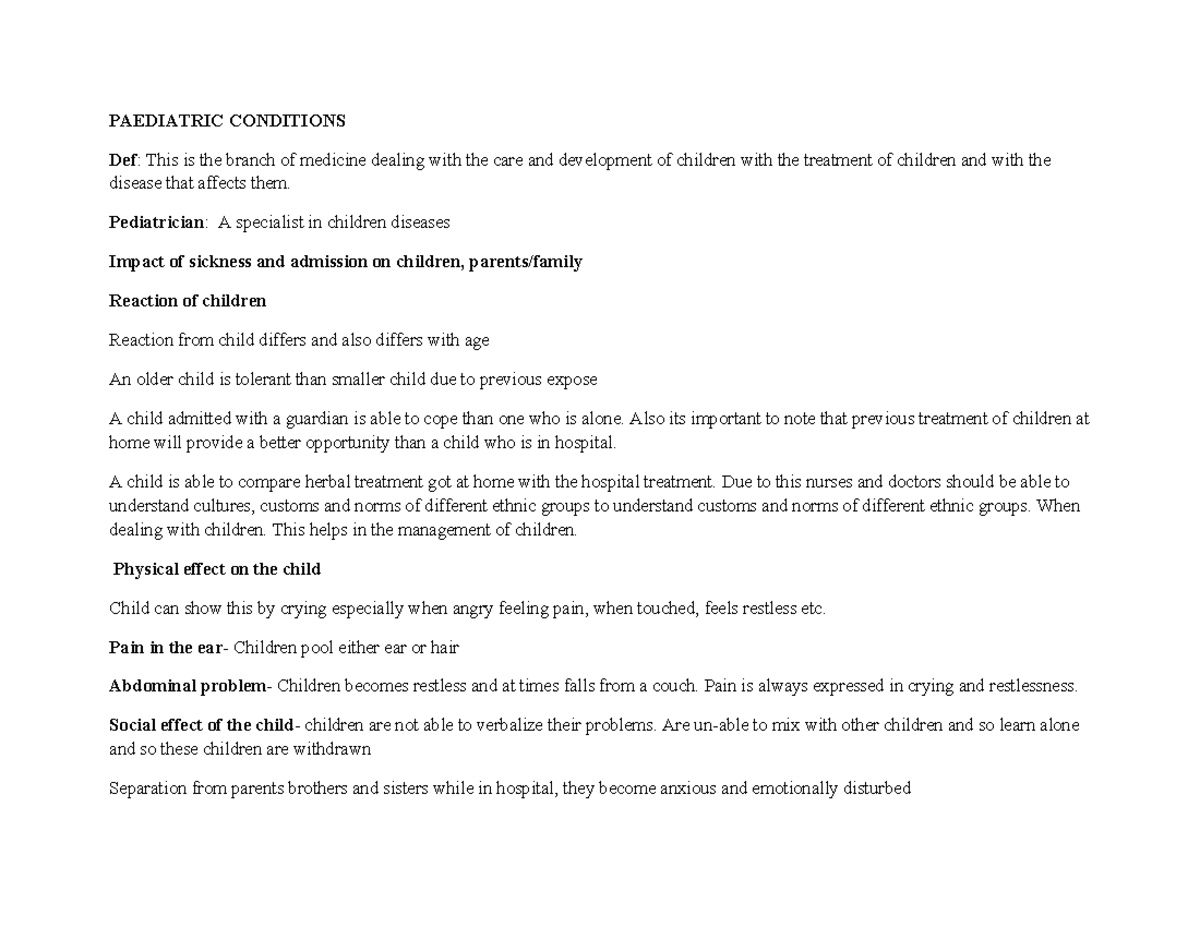 Pediatric Conditions - Notes - PAEDIATRIC CONDITIONS Def: This is the ...