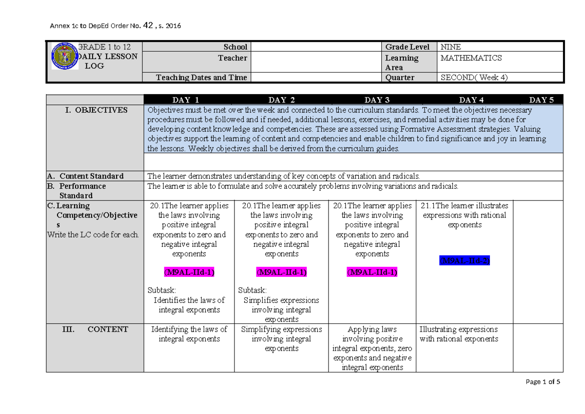 MATH 9 2ND Q DLL 4TH WEEK - MATH 9 2ND Q DLL 4TH WEEK - Summary Bsed- mathematics - GRADE 1 to ...