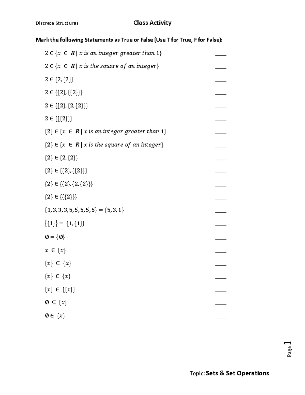 Activity Sets - this is complete exercise for sets - Page 1 Mark the ...