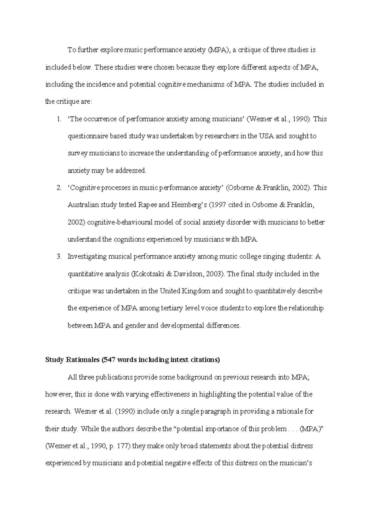 Study Rationale Across Three Studies BY JB - To further explore music ...
