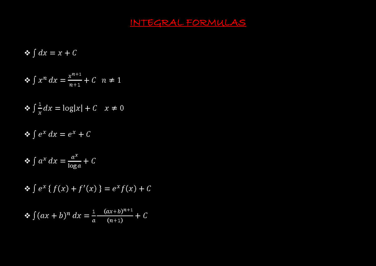 Integral Formulas - INTEGRAL FORMULAS ∫ 𝑑𝑥 = 𝑥 + 𝐶 ∫ 𝑥 𝑛 𝑑𝑥 = 𝑥𝑛+ 𝑛 ...