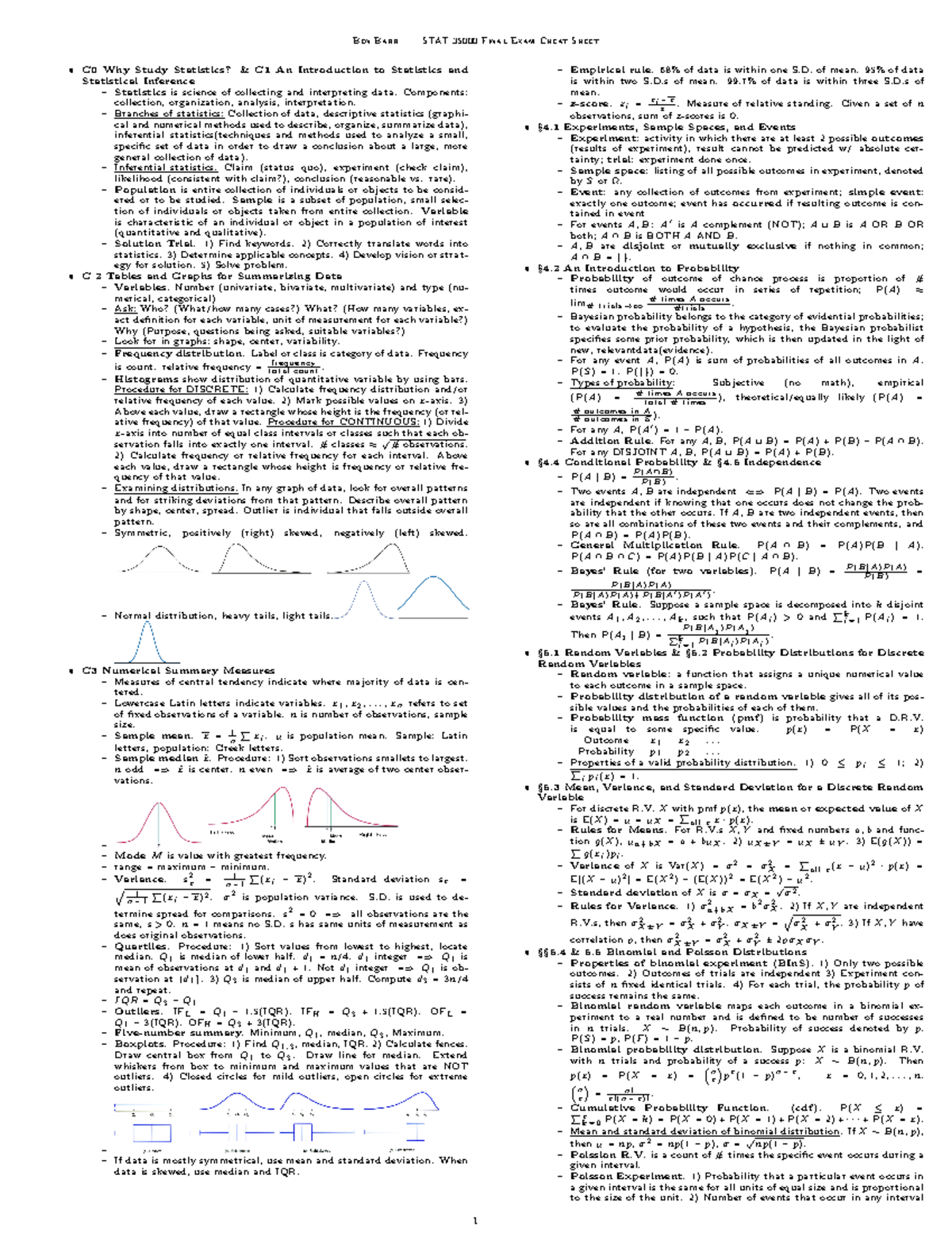 FE Cheat Sheet - Ben Barr STAT 35000 Final Exam Cheat Sheet C0 Why Study Statistics? & C1 An ...